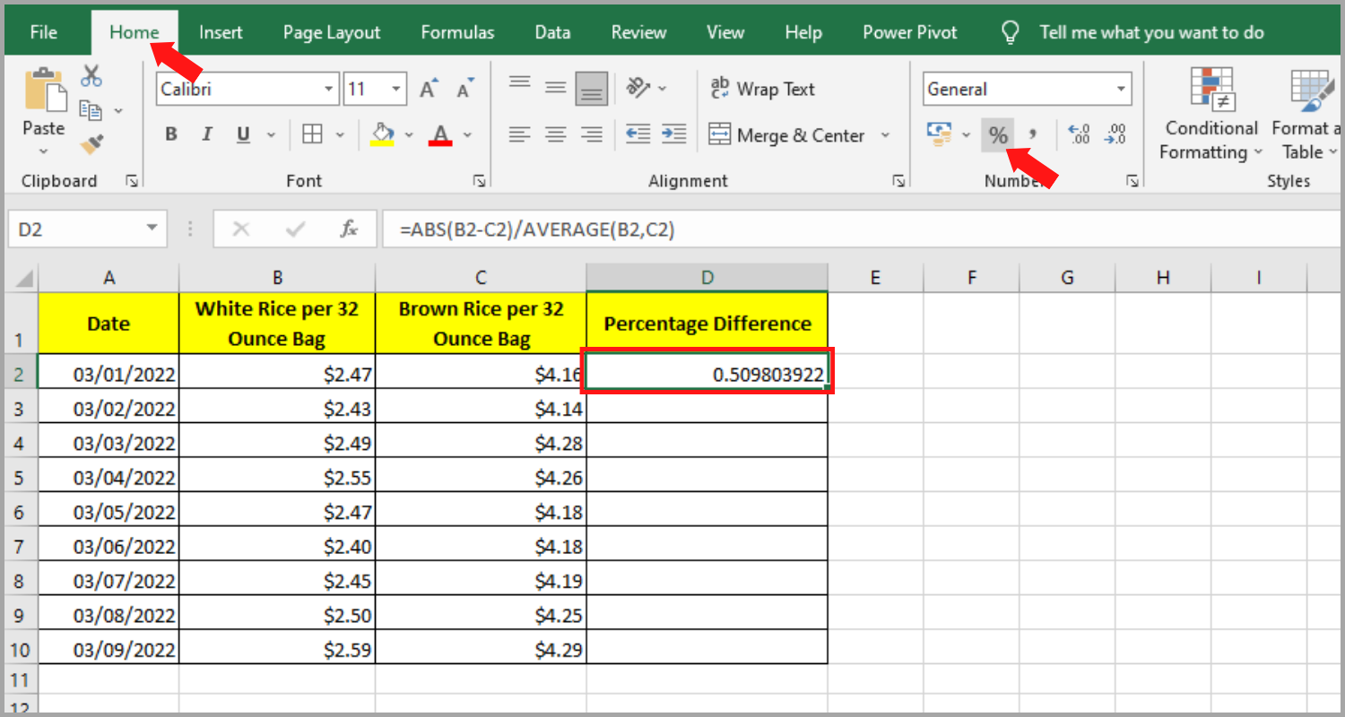 Calculating Percentage Difference in Microsoft Excel
