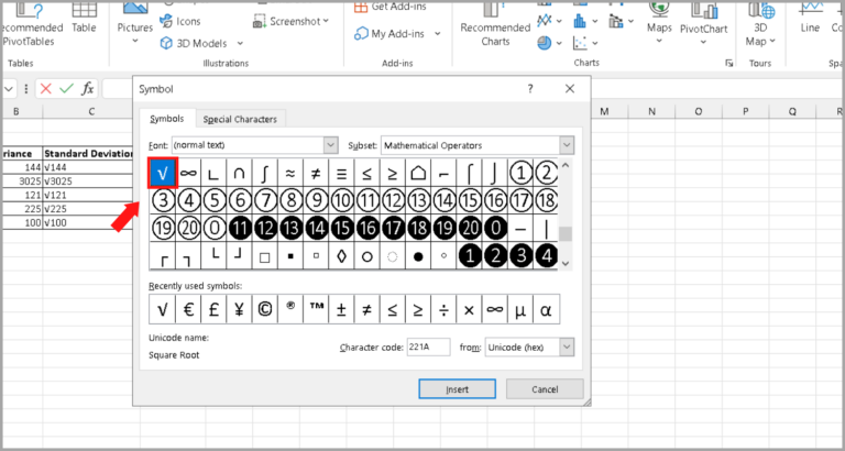 Adding the Square Root Symbol in Excel - 5 Simple Methods