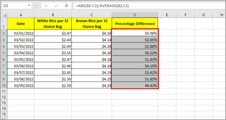 Calculating Percentage Difference in Microsoft Excel
