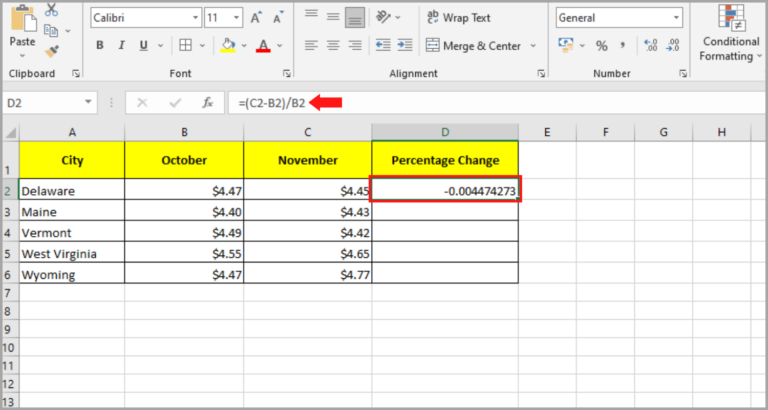 Calculating Percentage Difference in Microsoft Excel