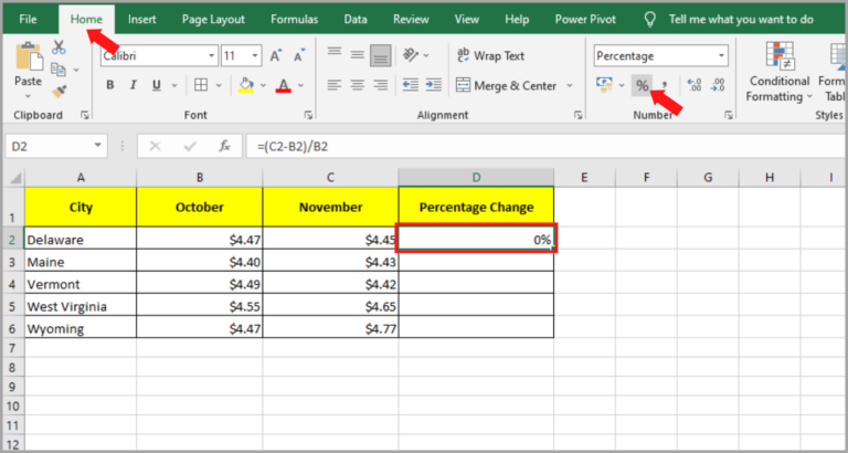 Calculating Percentage Difference in Microsoft Excel