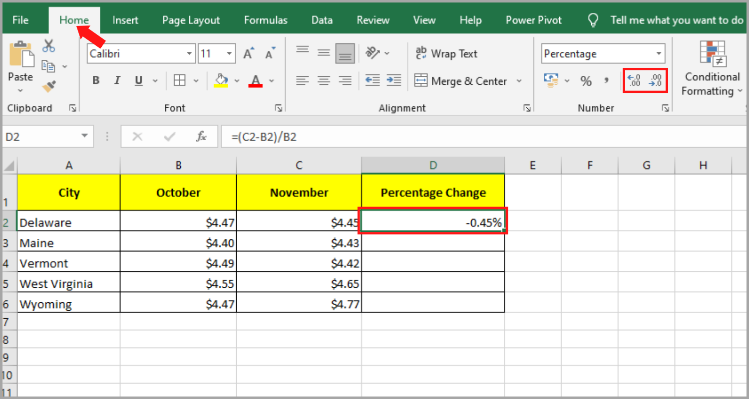 Calculating Percentage Difference in Microsoft Excel