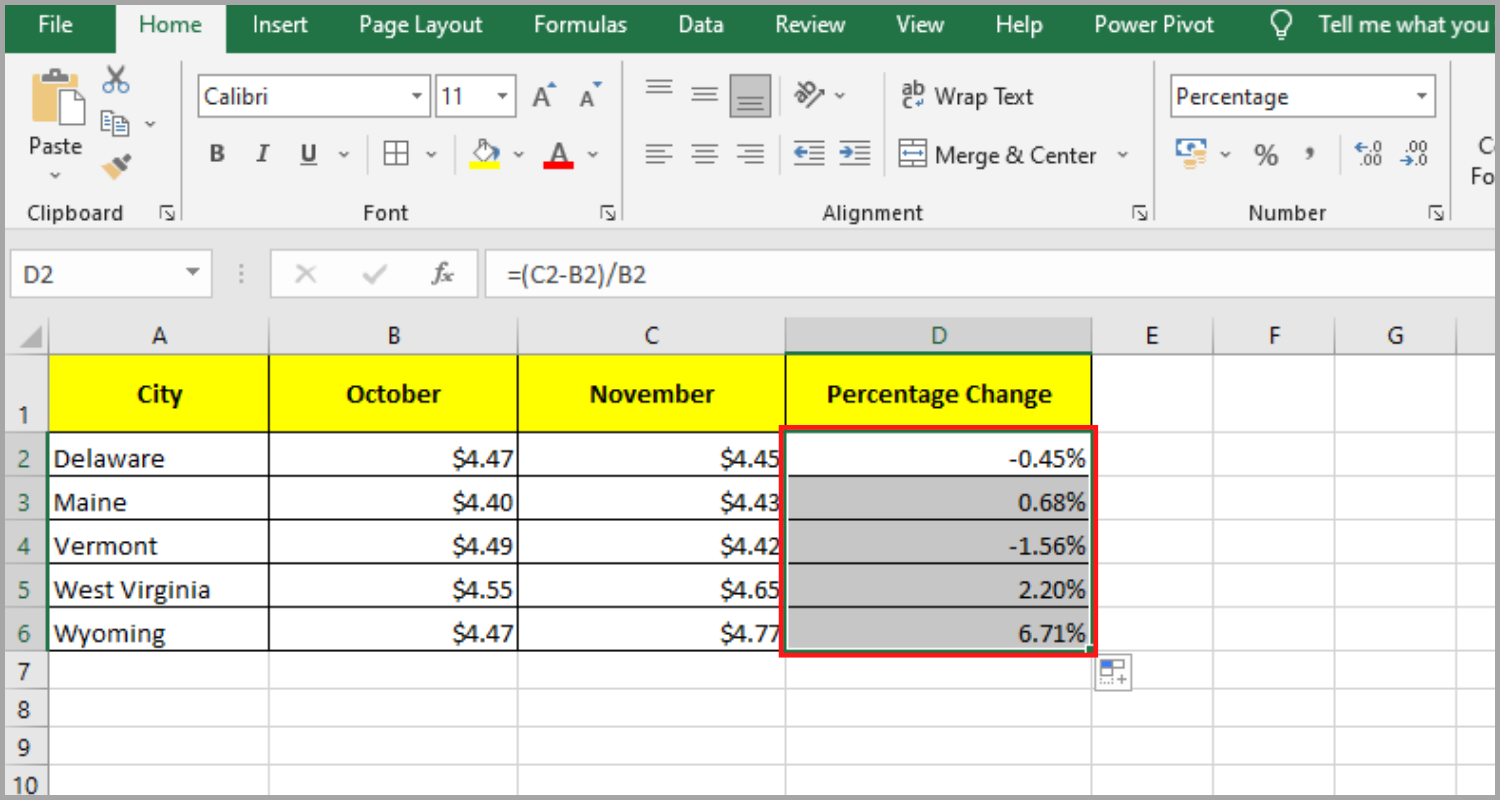 Calculating Percentage Difference in Microsoft Excel
