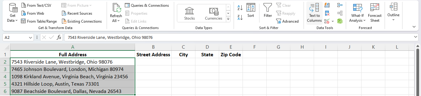 How To Separate Addresses in Excel