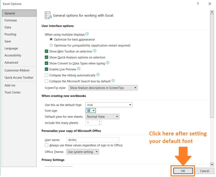 Set the Default Font in Excel